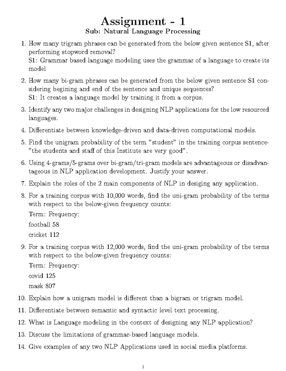 Assignment 1 - nlp - Assignment - 1 Sub: Natural Language Processing ...