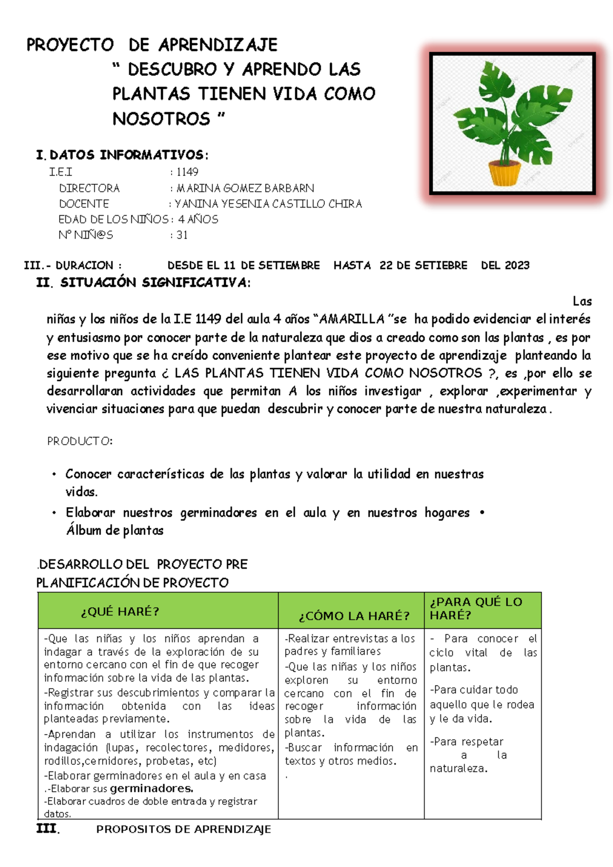 Proyecto de Aprendizaje: Las Plantas Tienen Vida - I.E. 1149 - Studocu