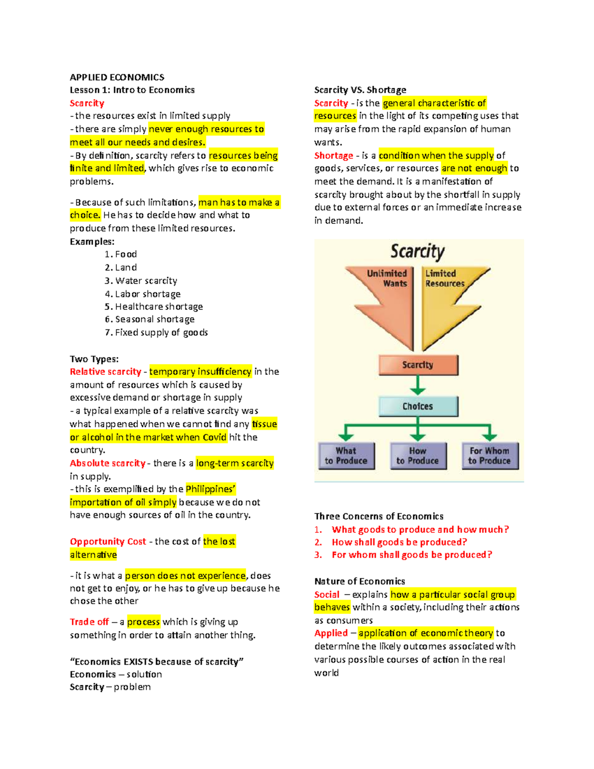 APPLIED ECONOMICS Lesson 1: Understanding Scarcity and Economic Choices ...