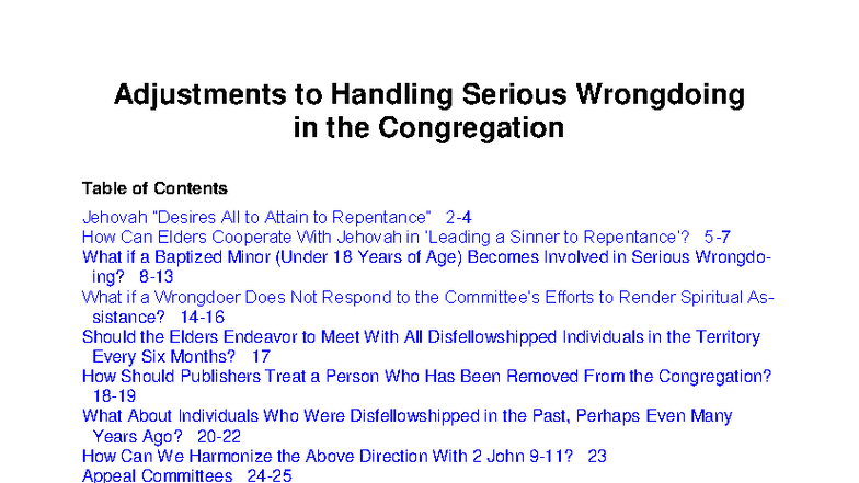 Adjustments to handling serious wrongdoing in the congregation ...