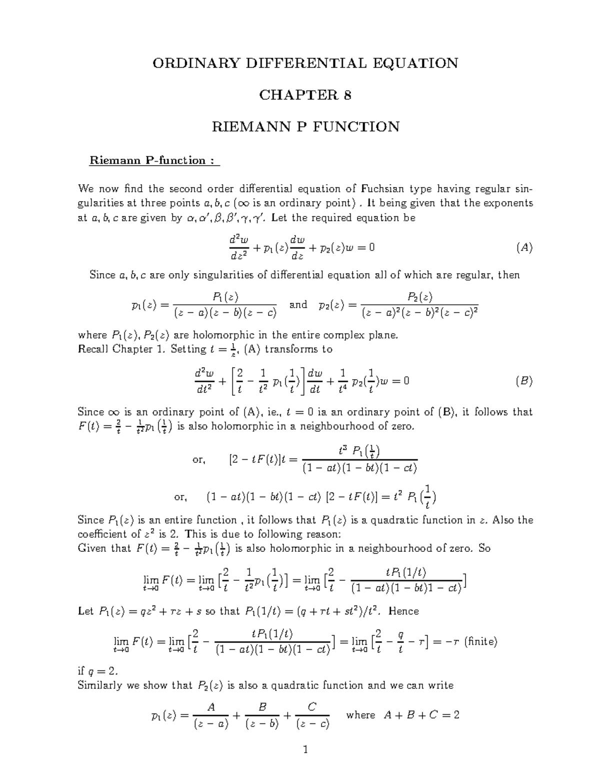 Chapter 8: Riemann P Function in Ordinary Differential Equations - Studocu