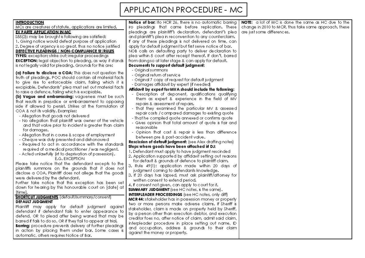 Application Procedure and Defective Pleadings Guide - MC - Studocu