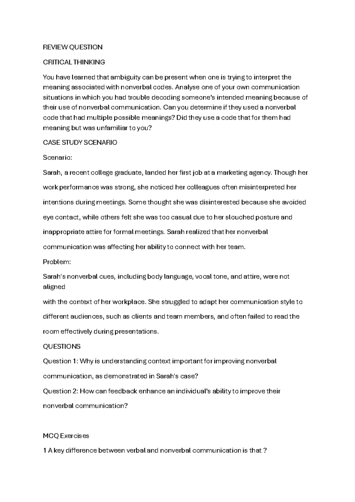 REVIEW QUESTIONS ON NONVERBAL COMMUNICATION: CASE STUDY ANALYSIS - Studocu