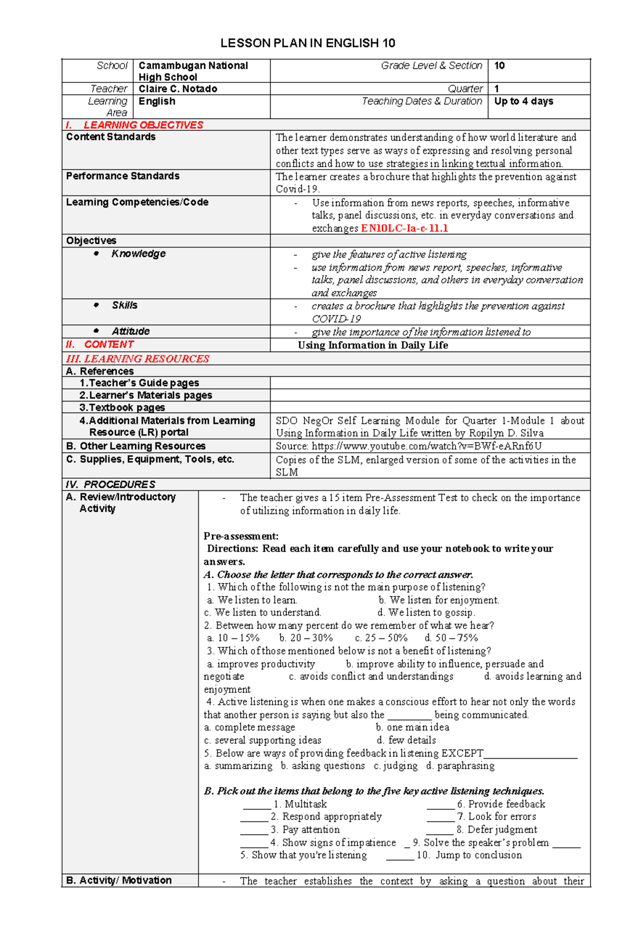 Daily Lesson Plan: Active Listening in English 10 Q1 - Studocu