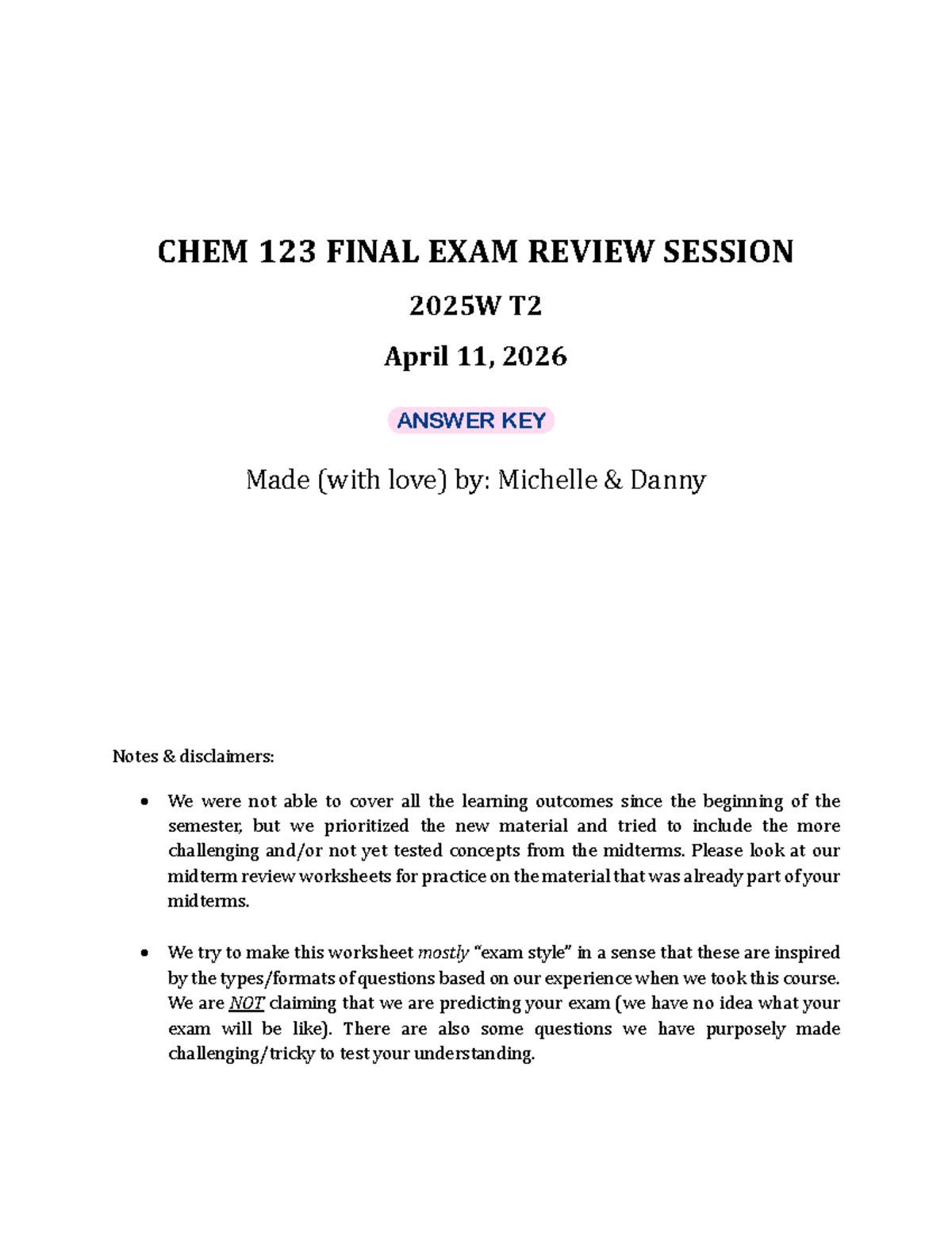 CHEM 123 FINAL EXAM REVIEW SESSION 2026 ANSWER KEY - Studocu
