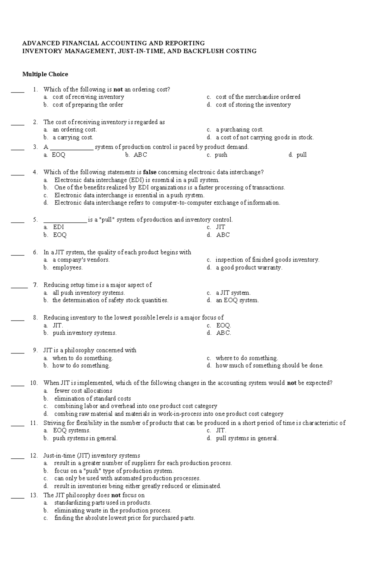 Advanced Accounting: JIT & Backflush Costing Review - MCQs - Studocu