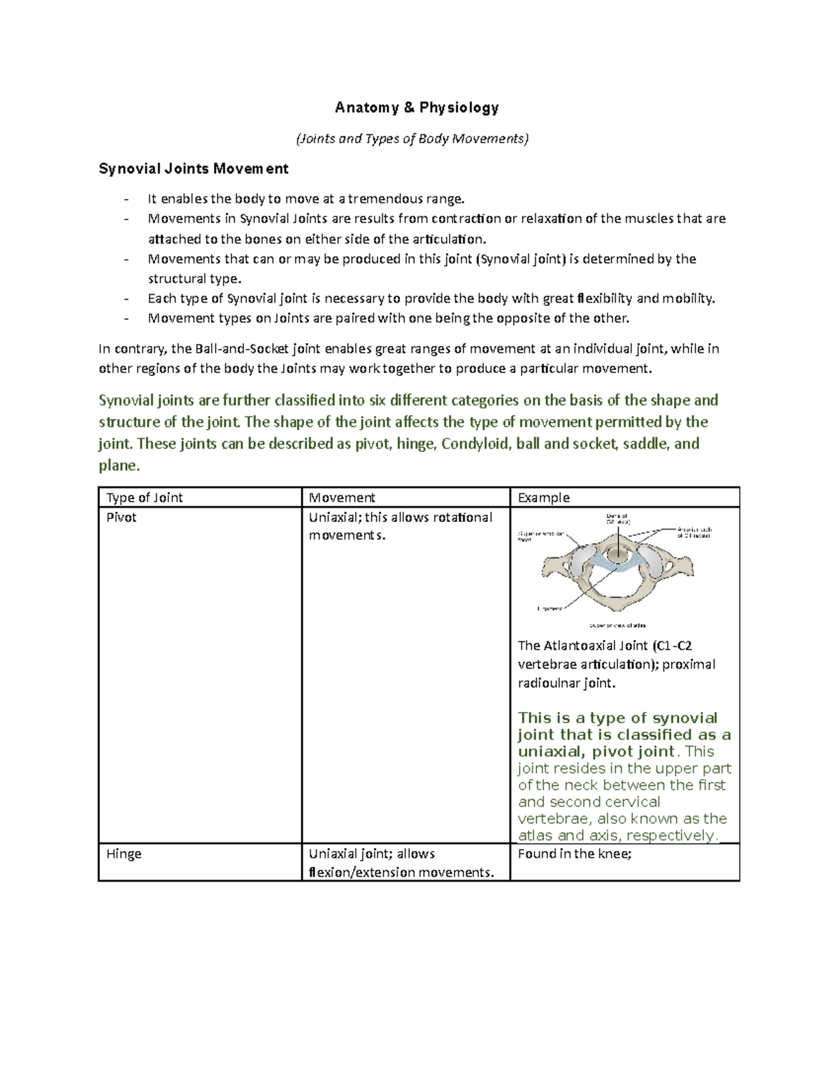 Pathfit Anatomy & Physiology: Movements & Joint Types Notes - Studocu