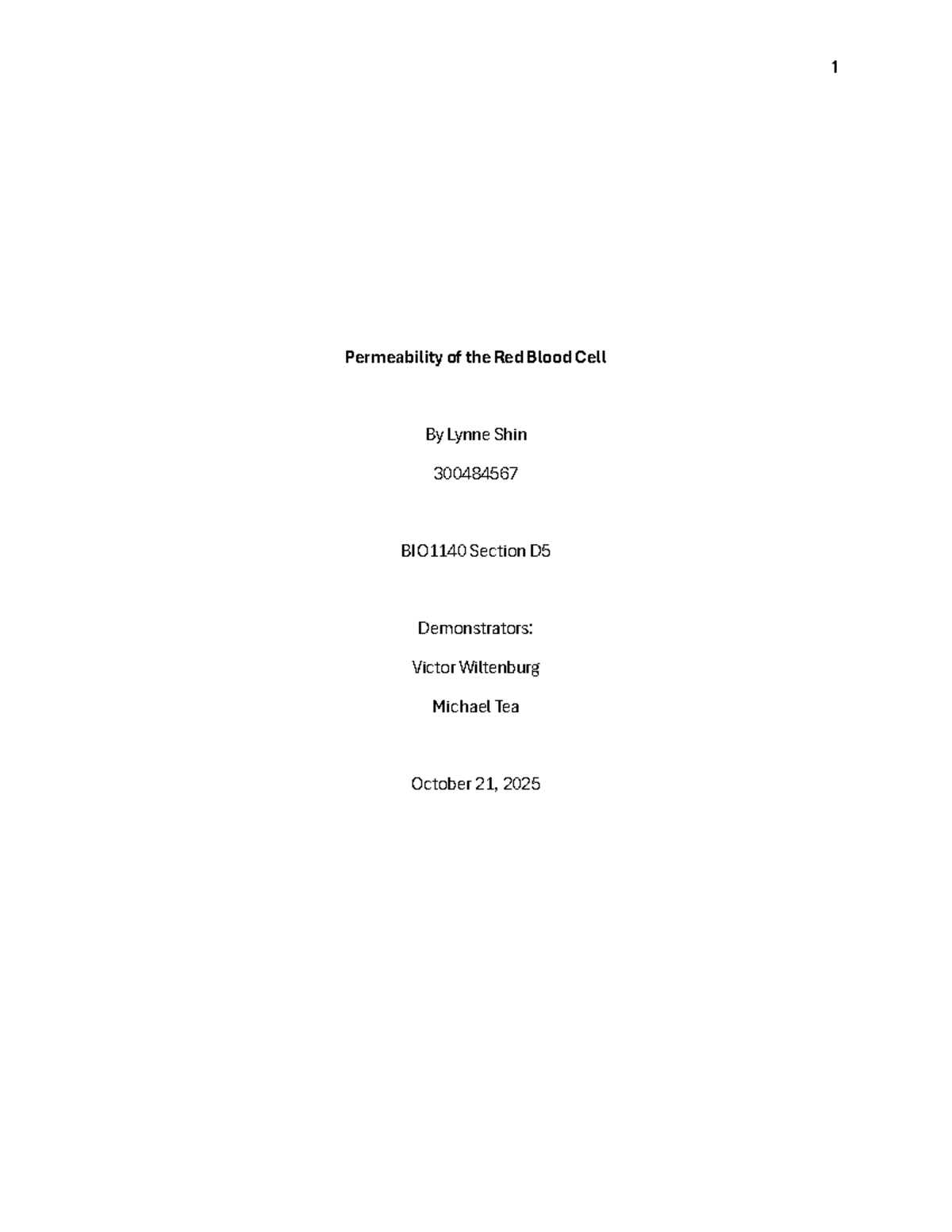 Permeability of Red Blood Cells - BIO1140 D5 Study Notes - Studocu