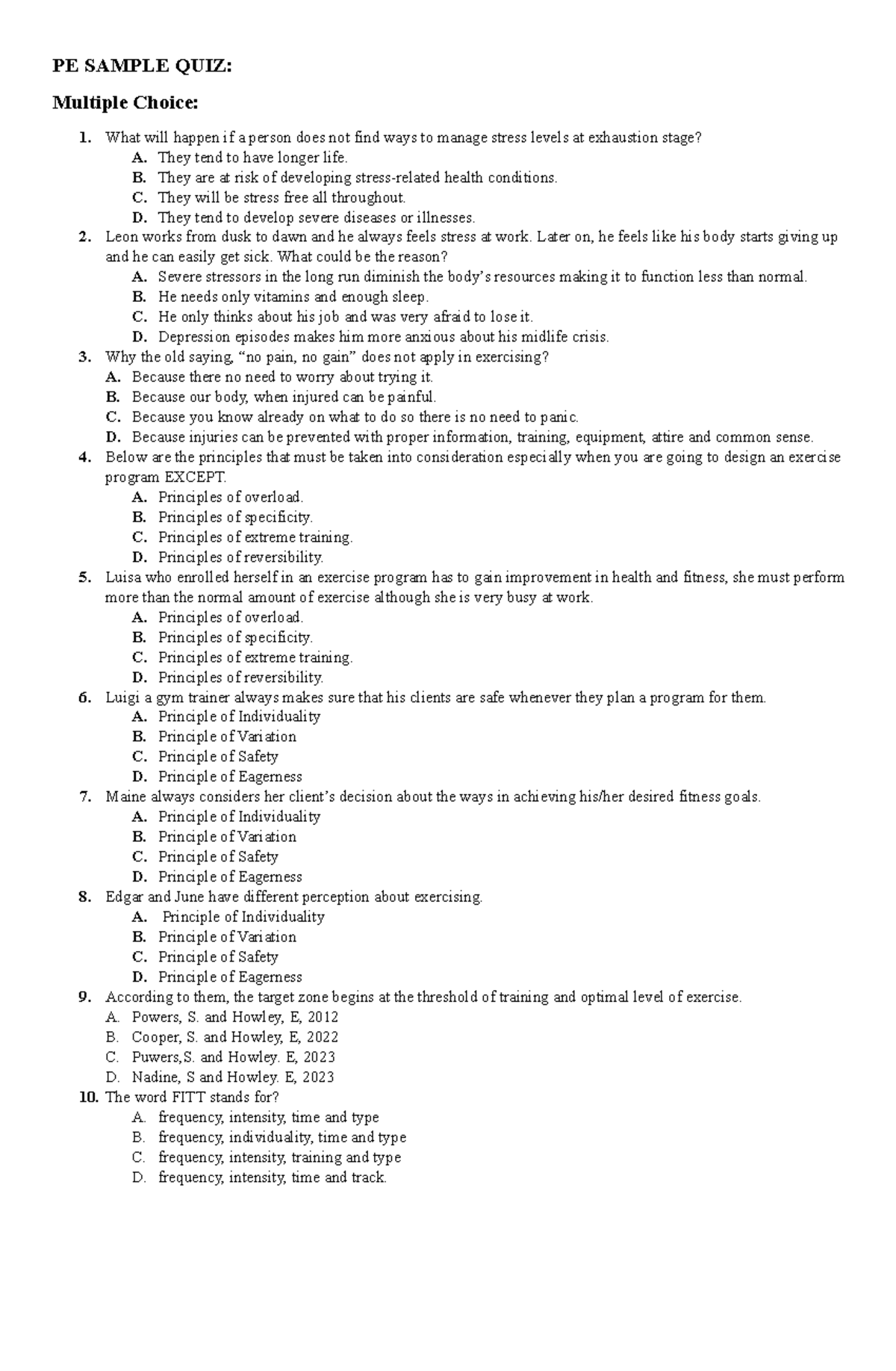 PE Sample QUIZ - Short Quiz on Exercise Training Principles and Safety ...