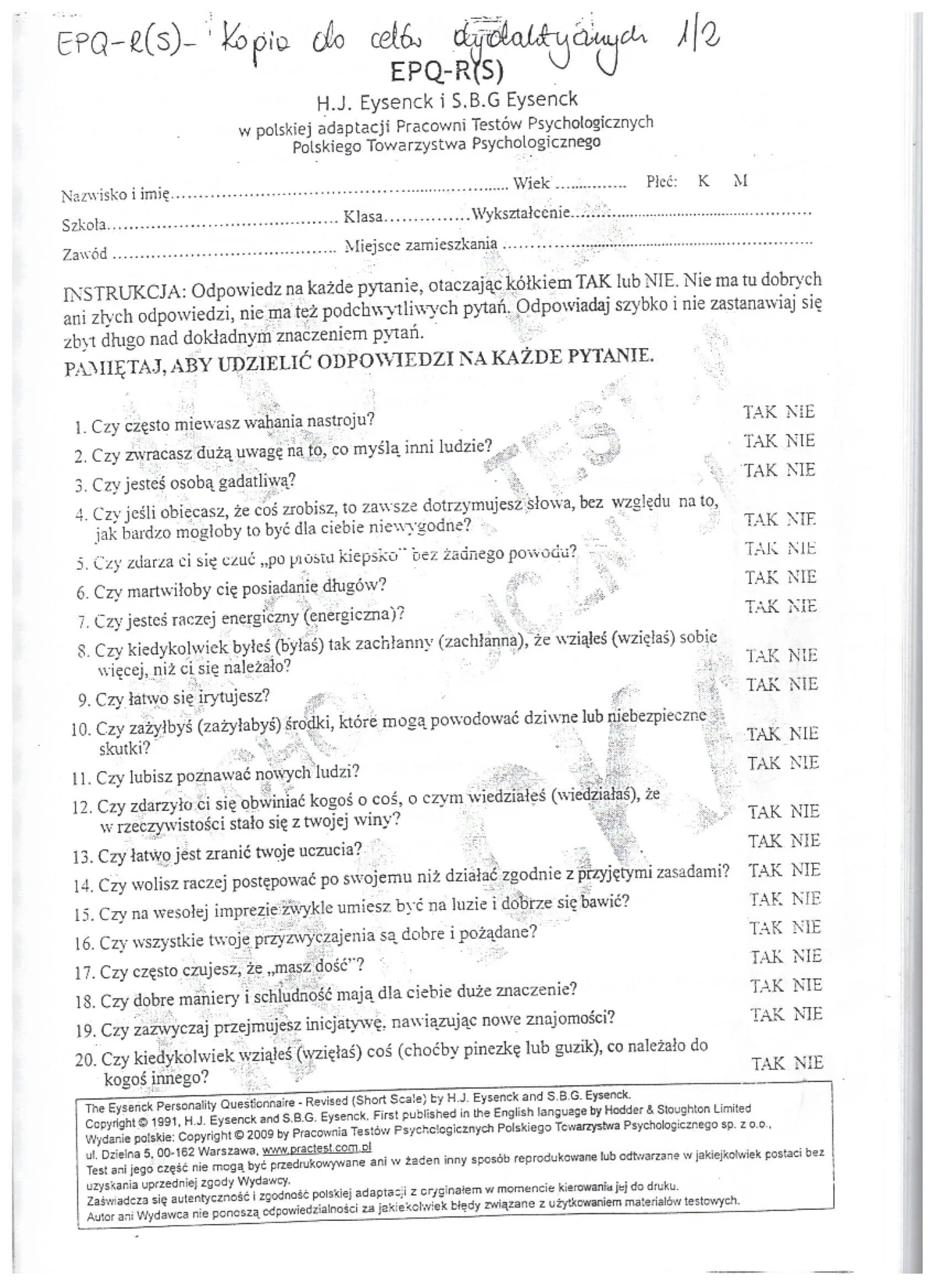 Charakterystyka kwestionariusza epq r em eysenck personality questionnaire revised em ...