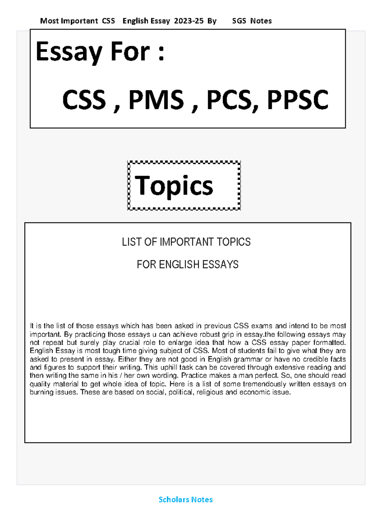 English Essay Topics for CSS, PMS, PCS & PPSC 2023-25 - Studocu