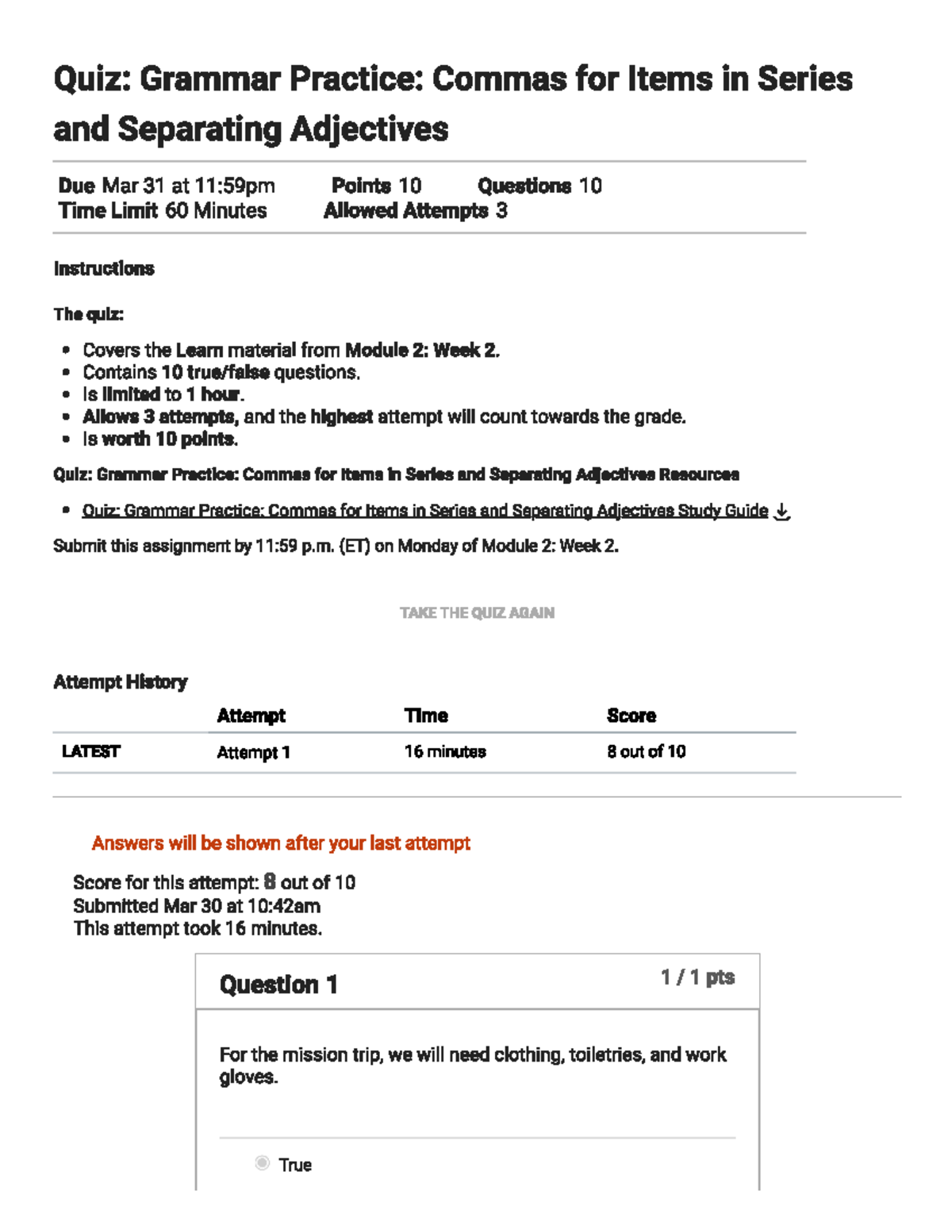 ENGL101 Quiz: Grammar Practice on Commas in Series & Adjectives - Studocu