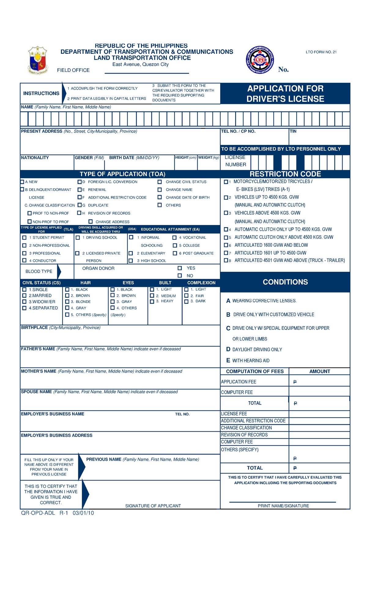 DOTC LTO Form 21 - Driver's License Application Instructions - Studocu