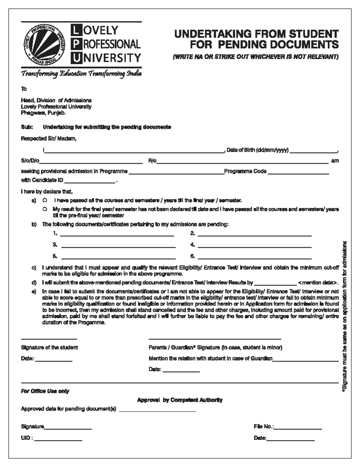 Filled Sample of Undertaking/Declaration for Income Documentation - Studocu