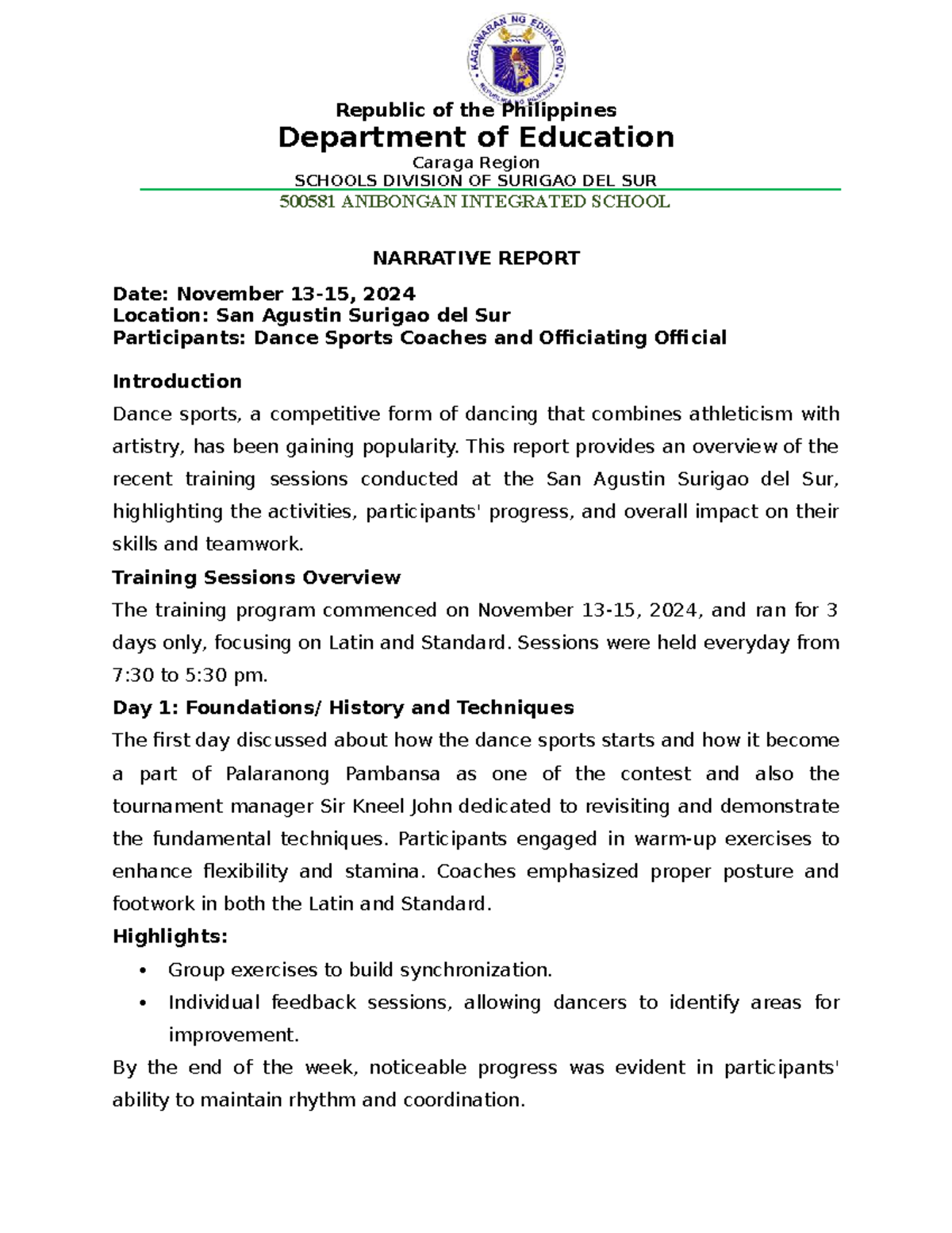 Dance Sports Training Narrative Report - Anibongan Integrated School ...