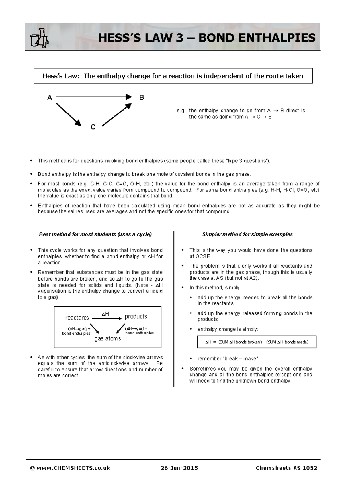 Chemsheets AS 1052: Hess's Law 3 - Understanding Bond Energies - Studocu
