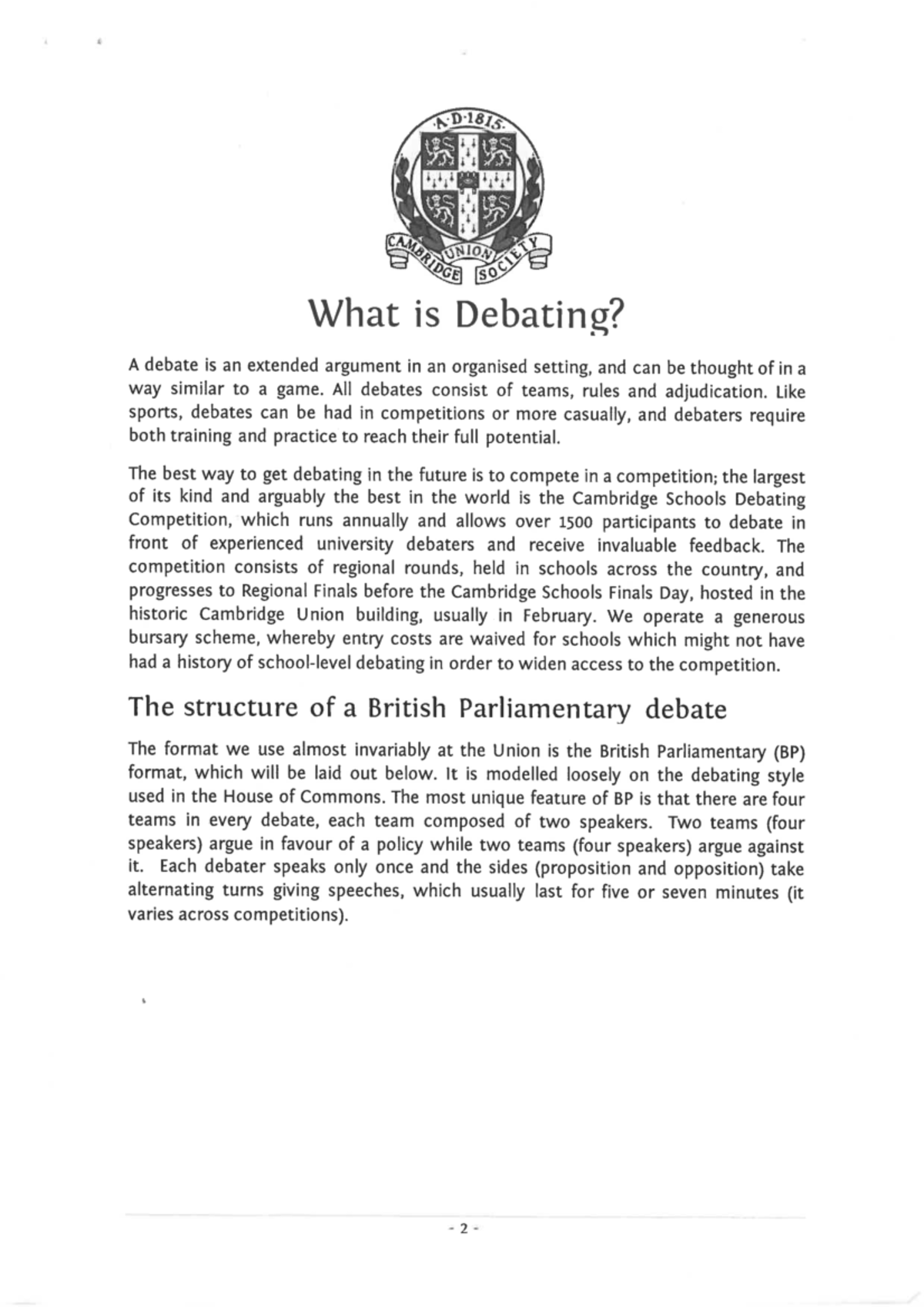 CAMBRIDGE Y UNION Debating Guide: Structure & Techniques - Studocu