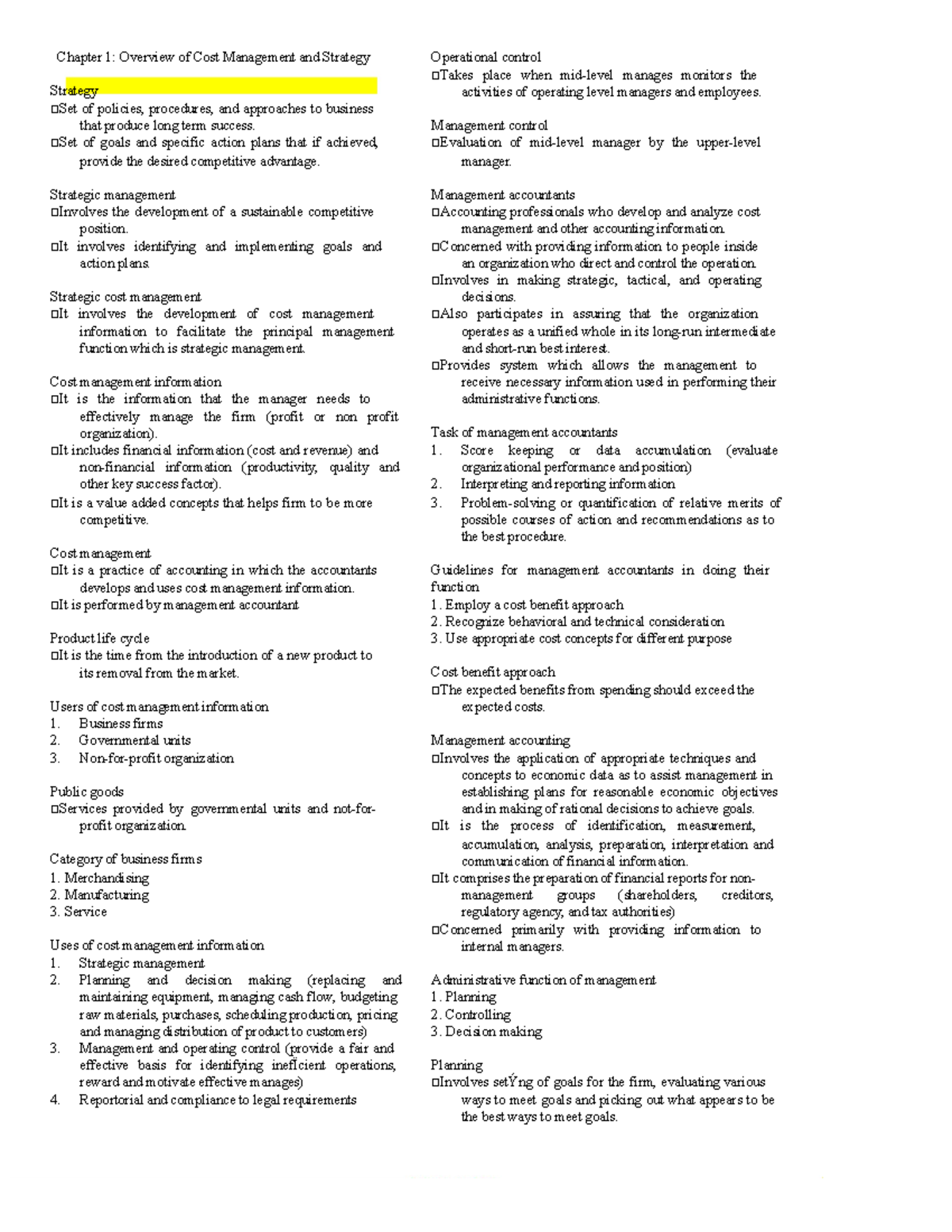 Chapter 1: Strategic Cost Management Overview (Course Code: D1) - Studocu