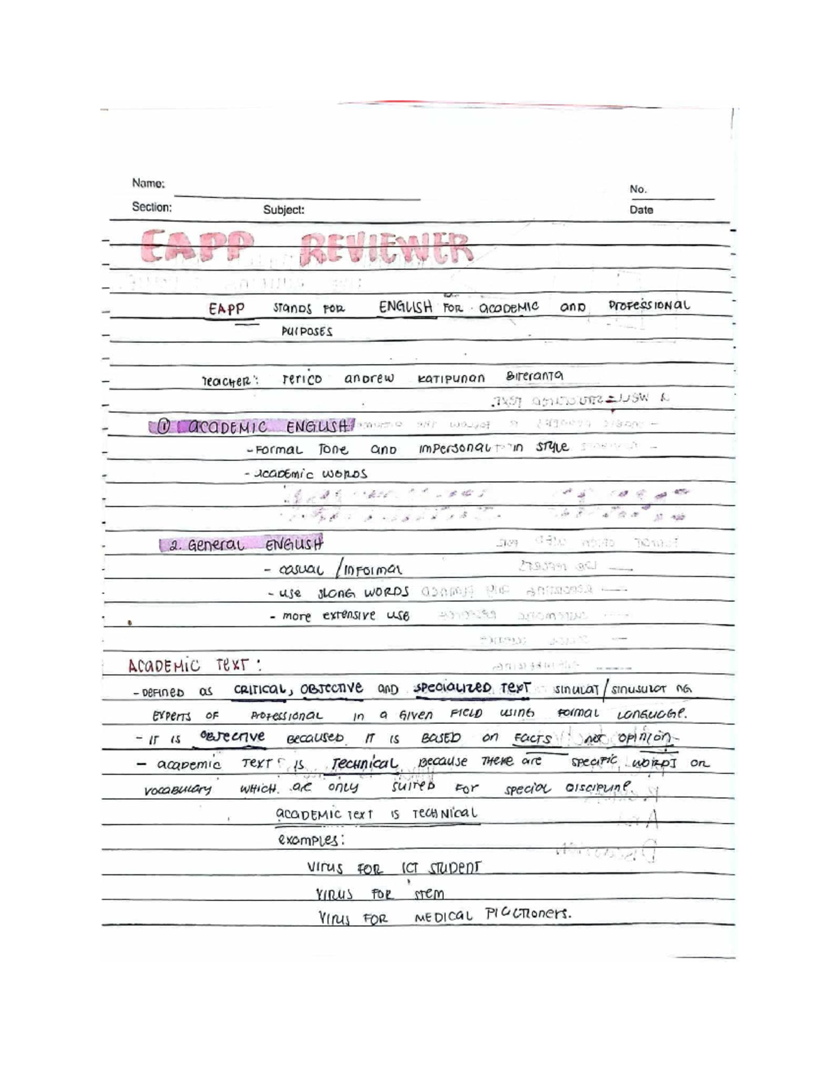 Reviewer - Name: No. Section: Subject: Date EAPP REVIEWER EAPP stands ...