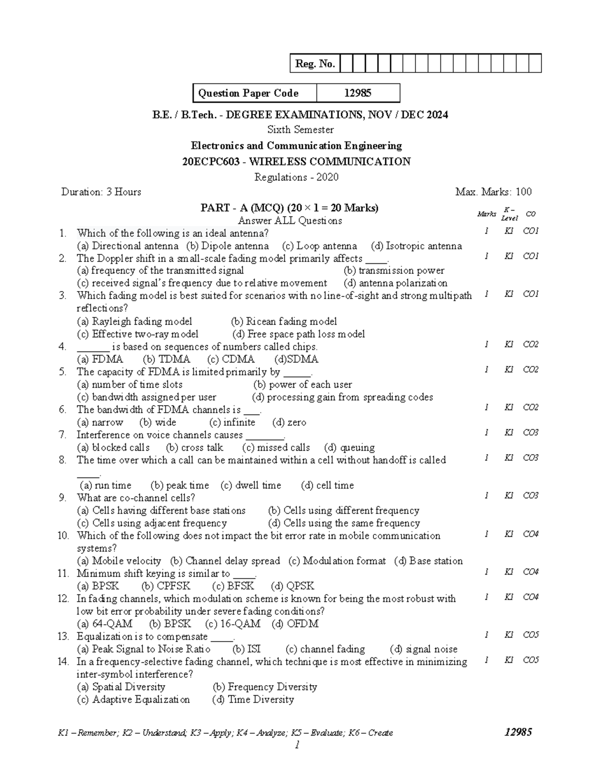 20ECPC603 Wireless Communication Exam Paper - Nov Dec 2024 - Studocu