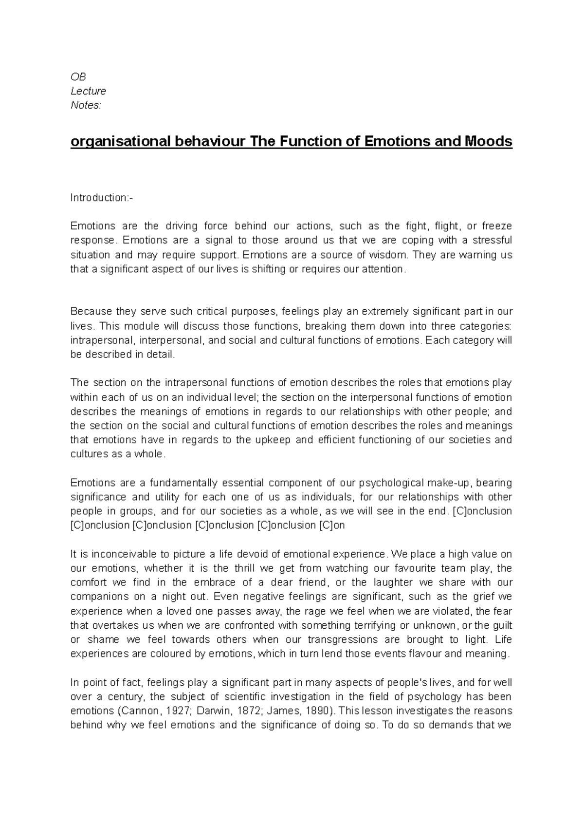 OB Lecture Notes: The Function of Emotions and Moods in Org Behaviour ...