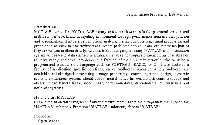 Digital Image Processing Lab Manual (DIP 101) - MATLAB Experiments - Studocu