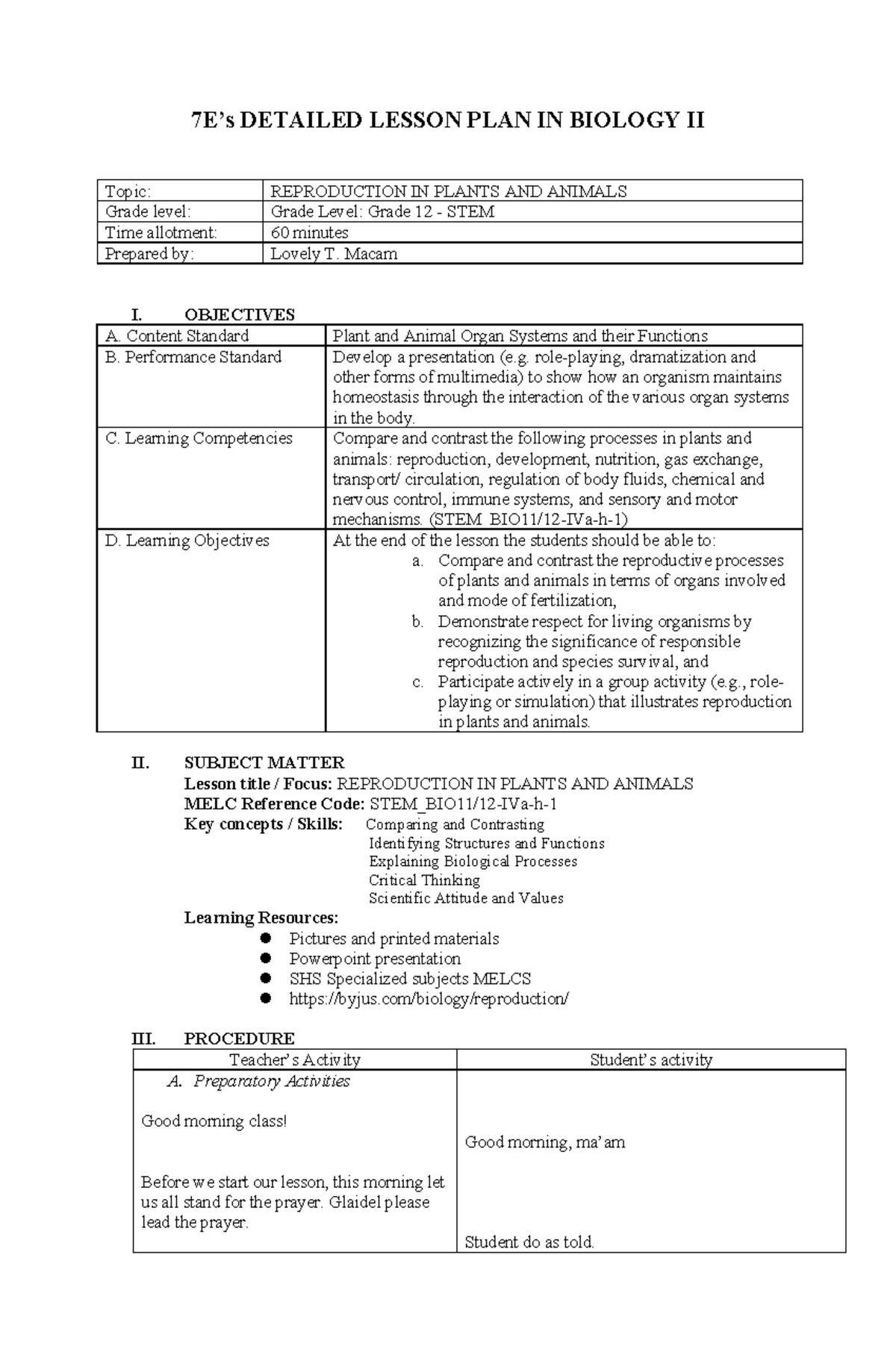 Biology II Lesson Plan: Reproduction in Plants and Animals (Grade 12 ...