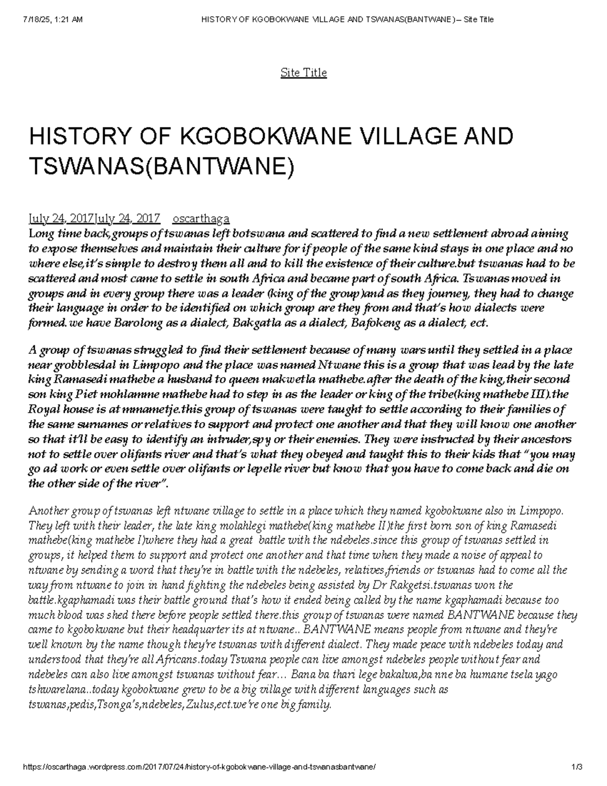 History of Kgobokwane Village and Tswanas (Bantwane) - Studocu