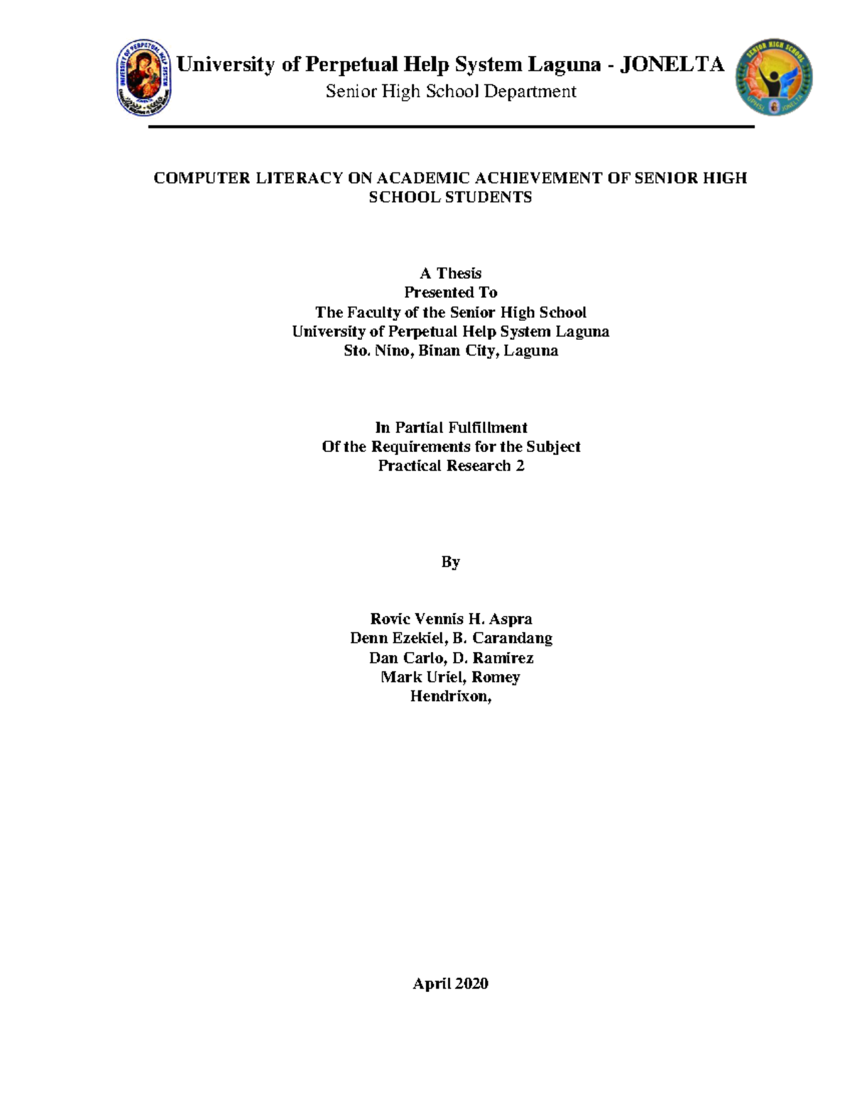 Pdfcoffee - research - Senior High School Department COMPUTER LITERACY ...