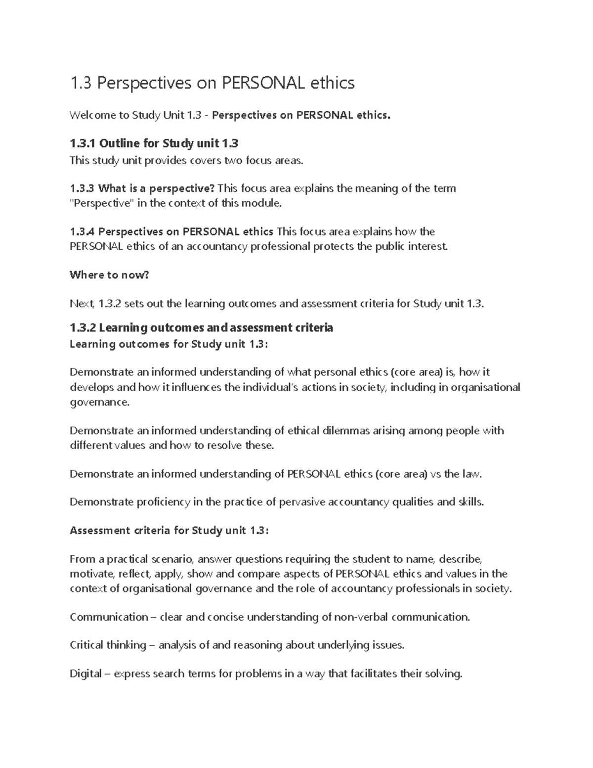 Perspectives on Personal Ethics (CAS1501) - Study Unit 1.3 Overview ...