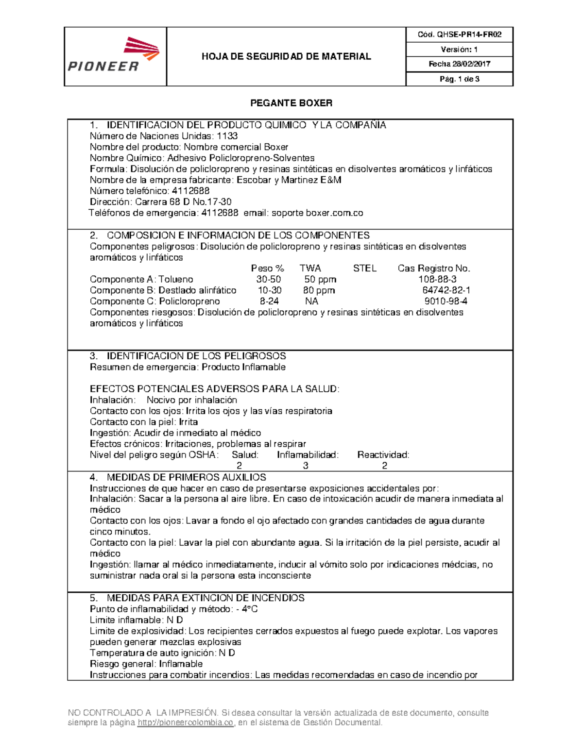 Hoja de Seguridad del Pegante Boxer E&M - Cód. QHSE-PR14-FR - Studocu