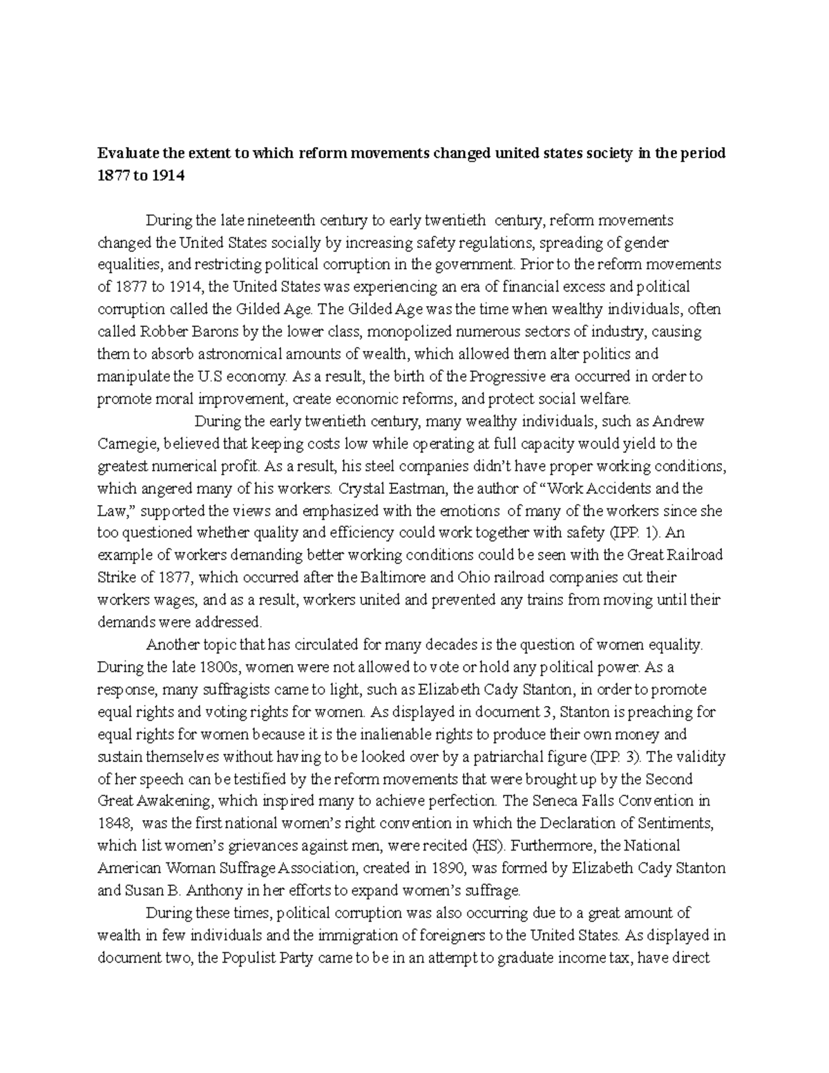 Apush Final DBQ - Evaluate the extent to which reform movements changed ...