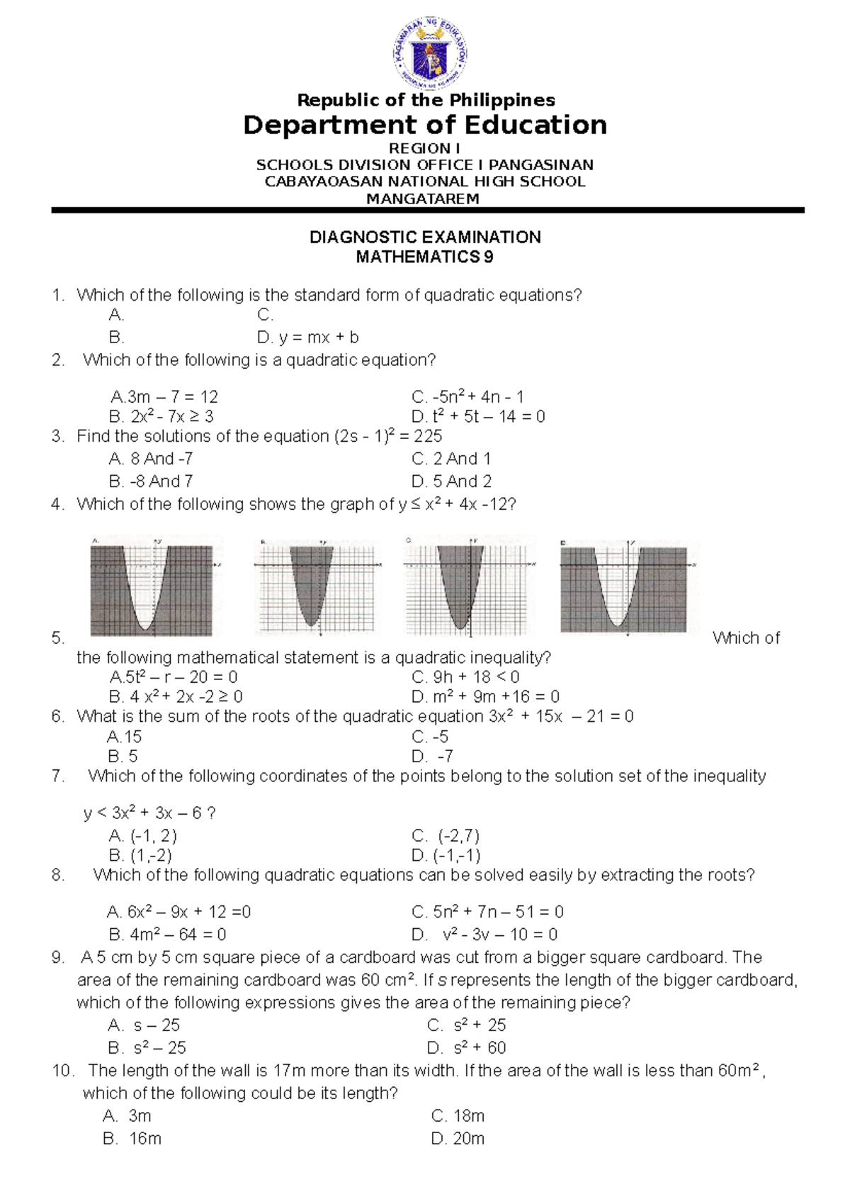 Diagnostic-test-g9 - exam - Republic of the Philippines Department of ...