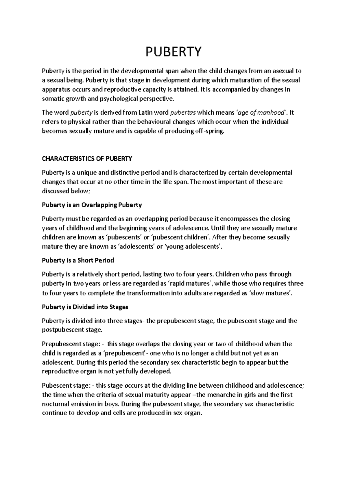 PUBERTY: Understanding Developmental Changes in Adolescence - Studocu