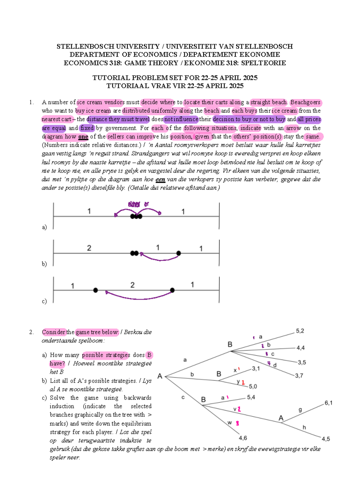 Economics 318: Game Theory Tutorial Problem Set - April 2025 - Studocu