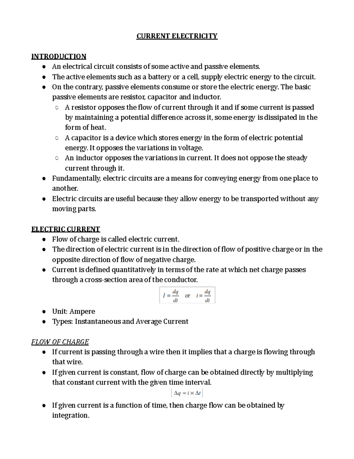 Current Electricity Notes for Class 12 Physics (Chapter Overview) - Studocu