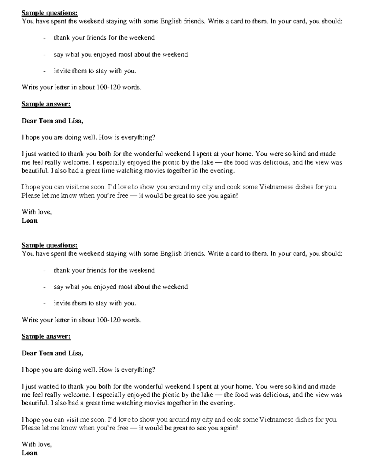 Thank-You Card to Friends After a Weekend Stay - AVKC - Studocu