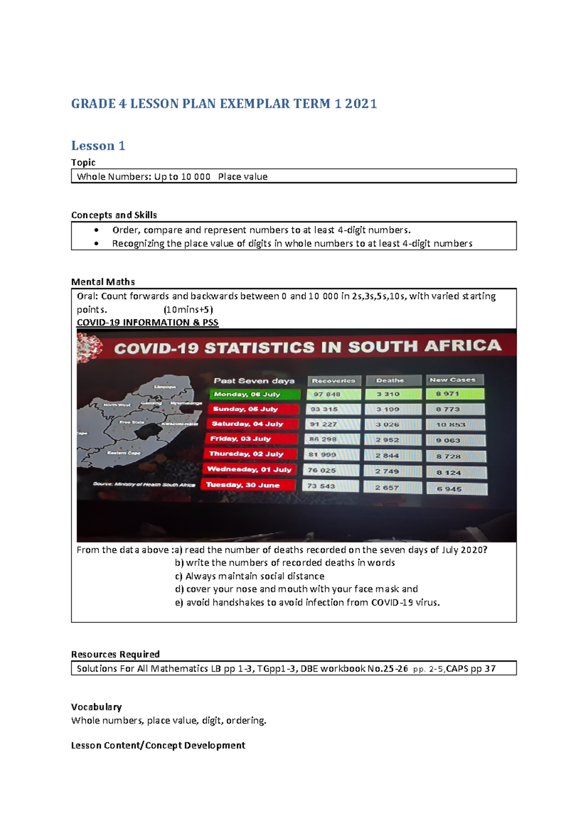 Grade 4 Term 1 Exemplar Lesson Plans: Whole Numbers & Place Value - Studocu