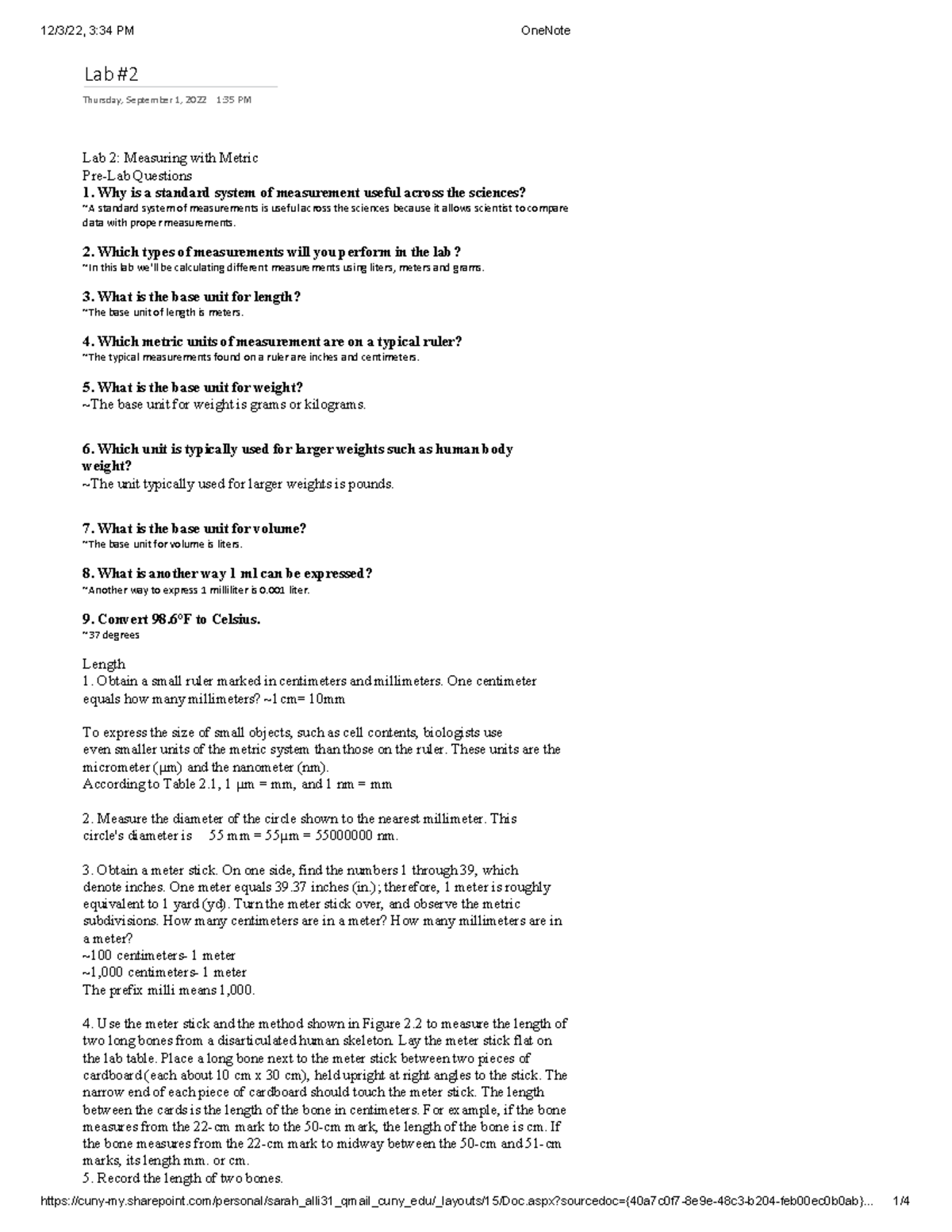 Lab 2 - lab answers - Lab Thursday, September 1, 2022 1:35 PM Lab 2: Measuring with Metric Pre ...