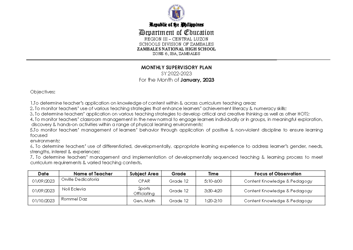 Monthly Supervisory Plan (JEL) for January 2023 - Grade 12 Observations ...