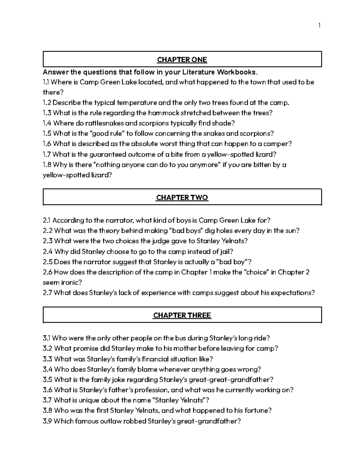 Holes (Course Code: 1) Chapter Questions and Answers - Studocu