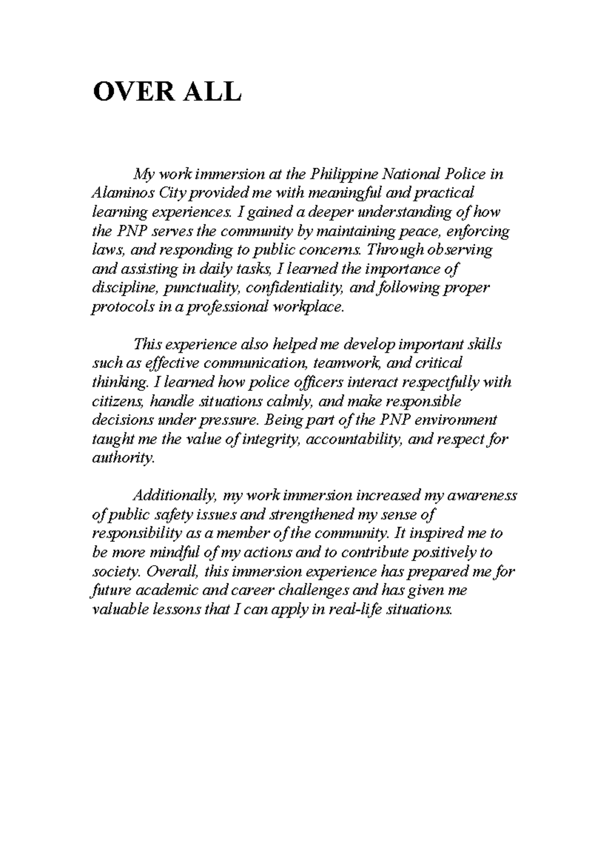 PNP Work Immersion Experience: Lessons in Community Service - Studocu