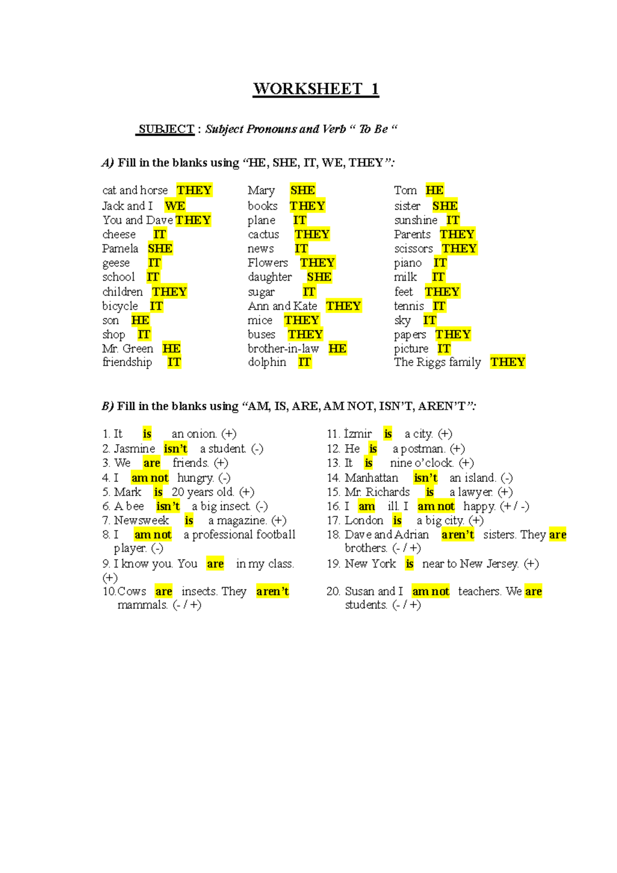 Worksheet 1: Subject Pronouns & Verb "To Be" Practice - Studocu