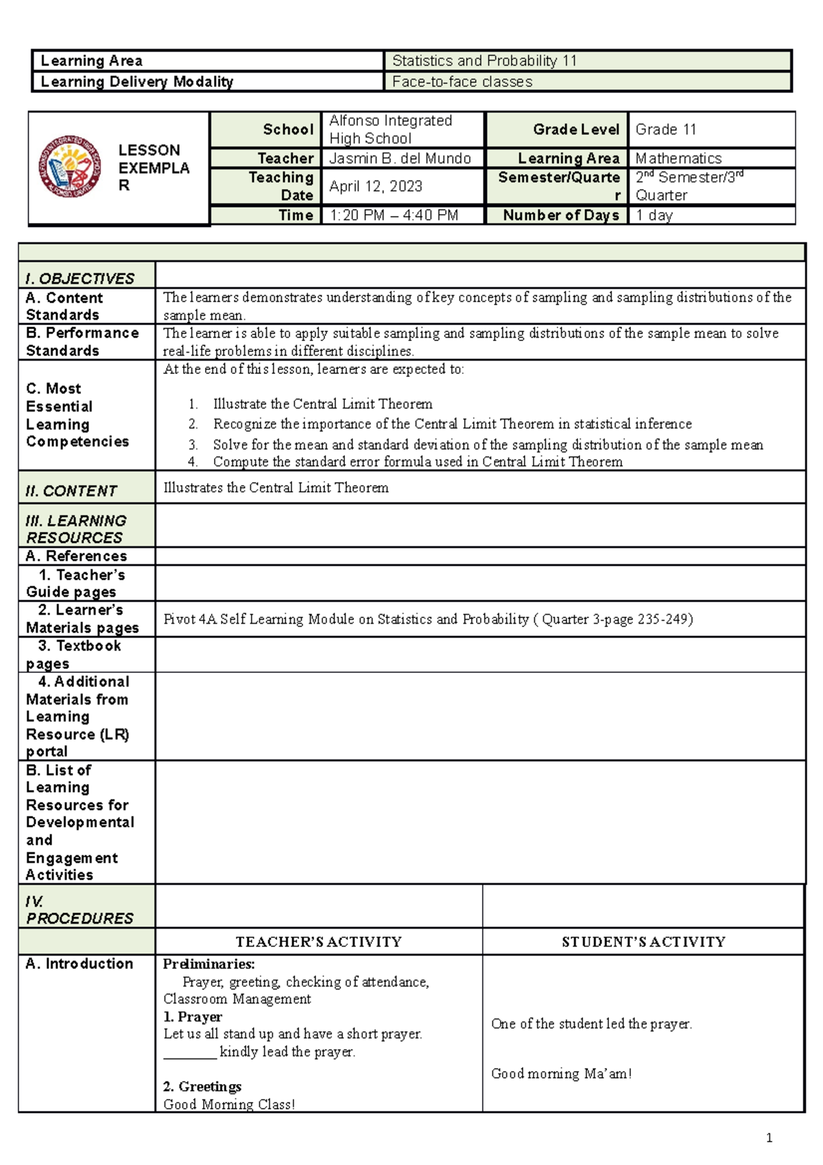 Central Limit Theorem - Statistics 11 Lesson Plan - Studocu