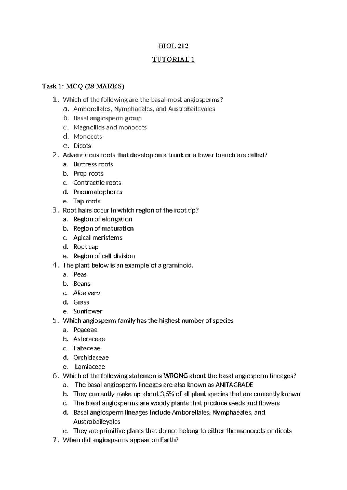 BIOL 212 TUTORIAL 1: MCQ on Angiosperms and Root Structures - Studocu