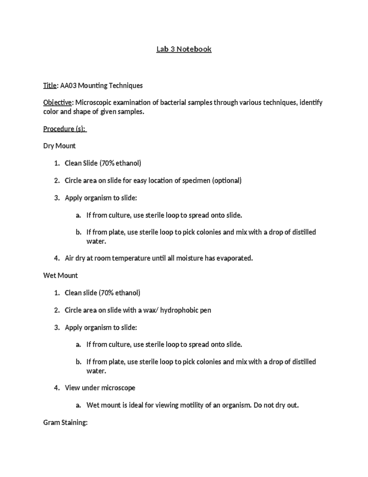 Microbiology Lab 3- AA - Notes - Lab 3 Notebook Title: AA03 Mounting ...