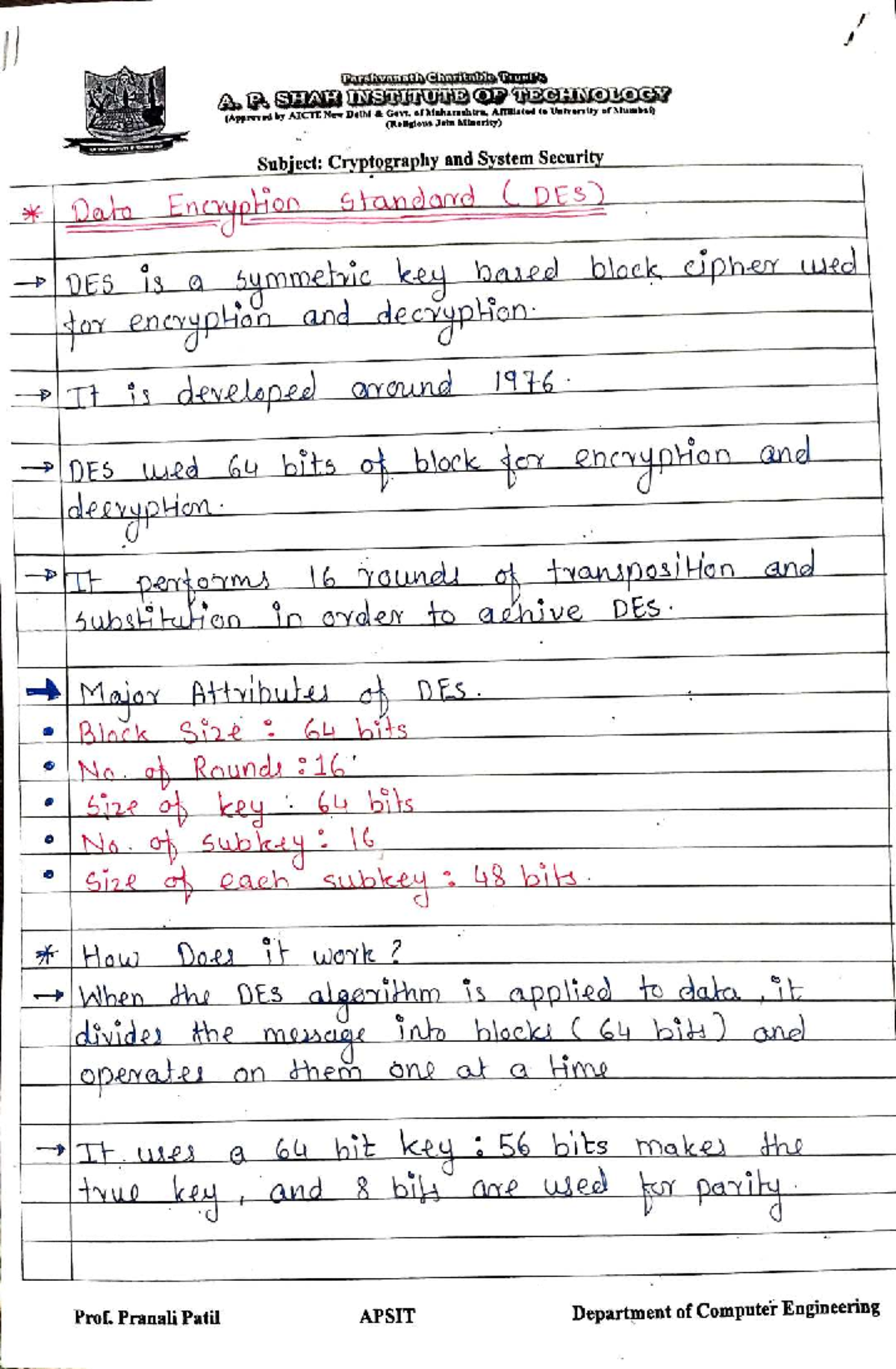 Des Cryptography System Security Notes Apsit Prof Pranali Patil