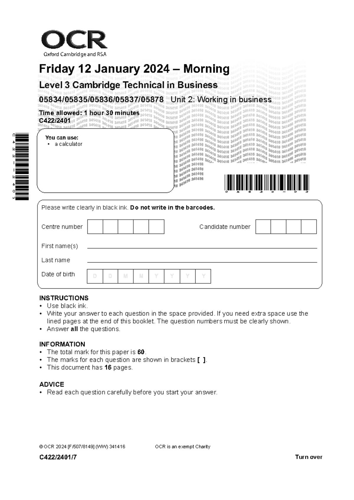 Unit 2: Working in Business - BTEC Level 3 Exam Paper (Jan 2024) - Studocu