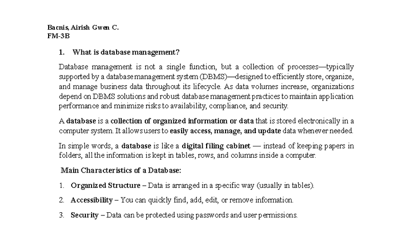 Database Management Systems Overview - Bacnis, Airish Gwen C. - Studocu