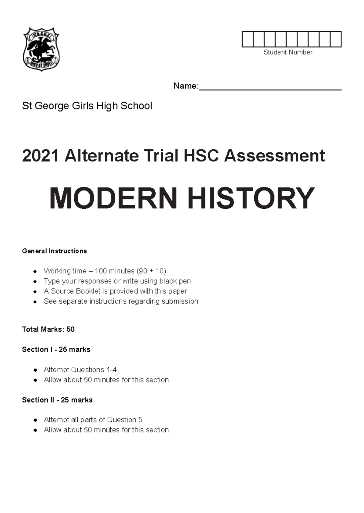 SGGHS Modern History Alternate Trial HSC Assessment 2021 - Studocu